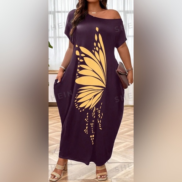SHEIN | Dresses | Shein Lune Plus Butterfly Print Hidden Pocket Batwing ...